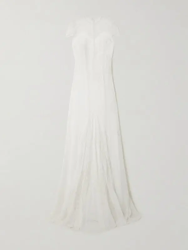 Costarellos Embroidered Chantilly Lace-trimmed Silk-chiffon Gown - Off-white
