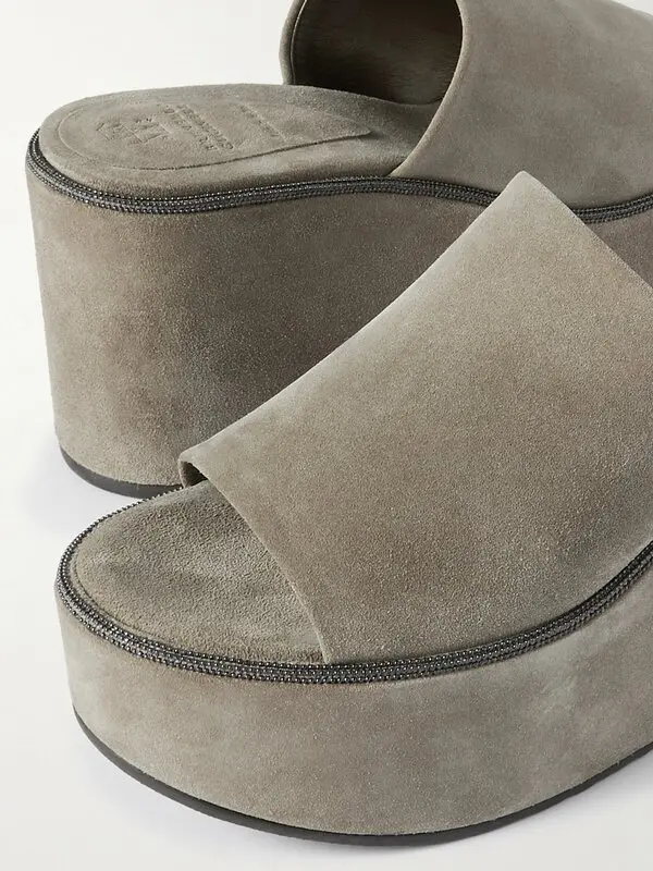 Brunello Cucinelli Bead-embellished Suede Wedge Mules