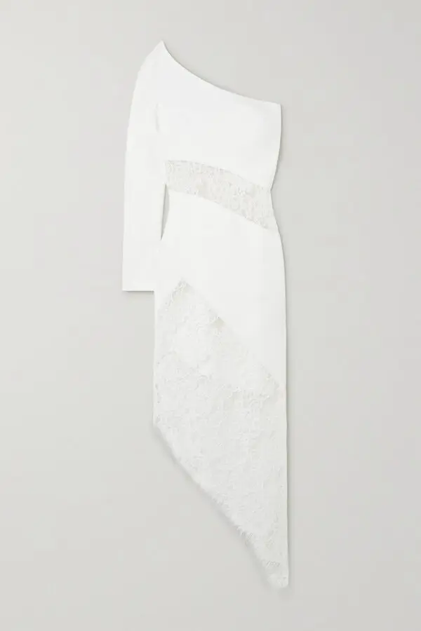 RASARIO Asymmetric One-sleeve Lace-paneled Crepe Midi Dress - White