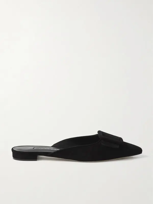 Manolo Blahnik Maysale Buckled Suede Flats - Black