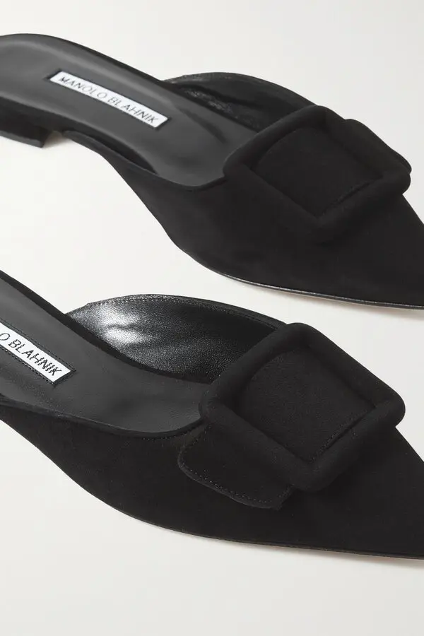 Manolo Blahnik Maysale Buckled Suede Flats - Black