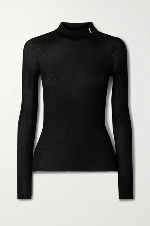 Saint Laurent Ribbed Silk Turtleneck Top - Black