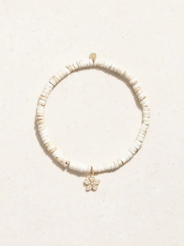 SYDNEY EVAN Small Plumeria 14-karat Gold, Turquoise And Diamond Bracelet - White