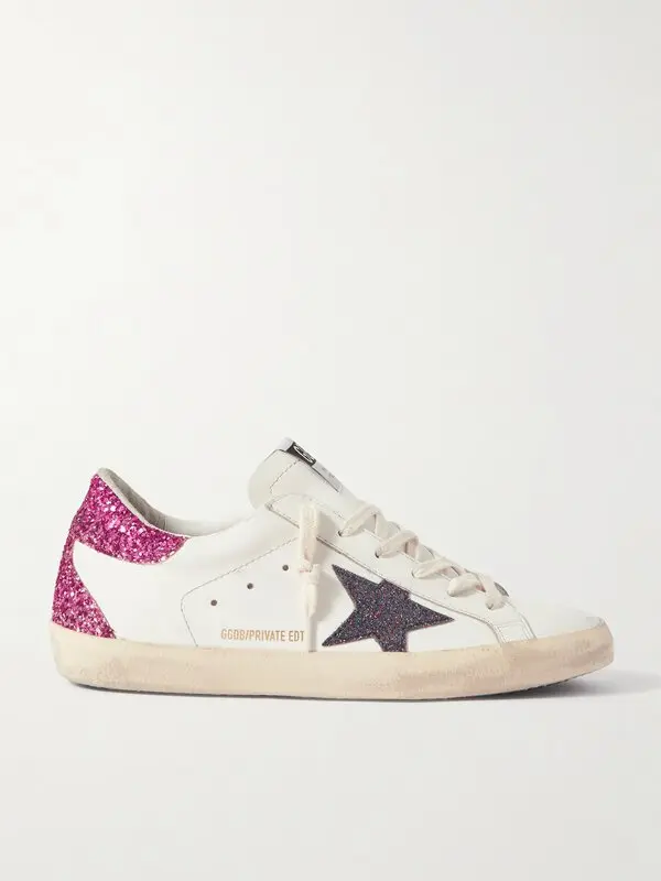 GOLDEN GOOSE Superstar Distressed Glittered Leather Trainers - White