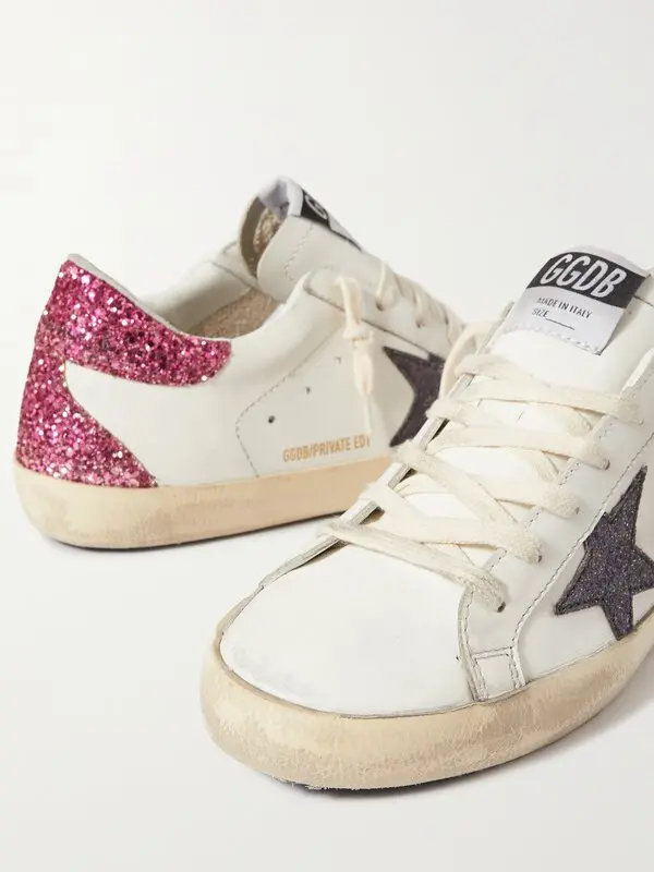 GOLDEN GOOSE Superstar Distressed Glittered Leather Trainers - White