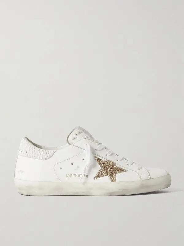 GOLDEN GOOSE Super-star Distressed Glittered Leather Sneakers - White