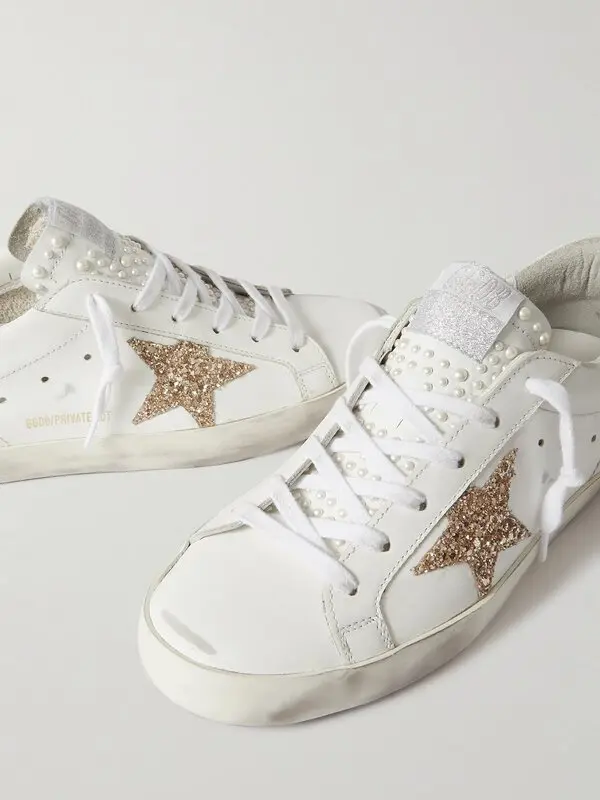 GOLDEN GOOSE Super-star Distressed Glittered Leather Sneakers - White