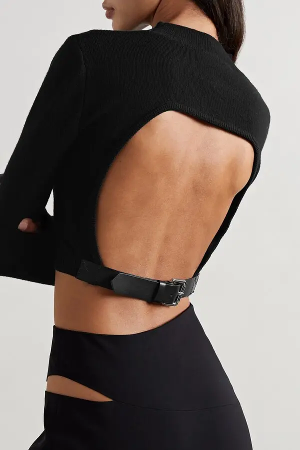 Monse Cropped Open-back Leather-trimmed Merino Wool-blend Top
