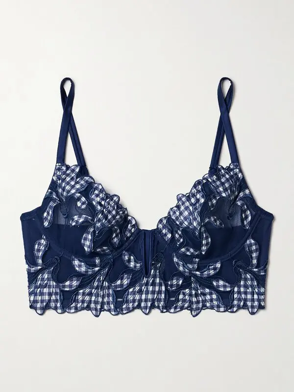 FLEUR DU MAL Lily Embroidered Silk-blend Satin Tulle Underwired Soft-cup Bra - Blue
