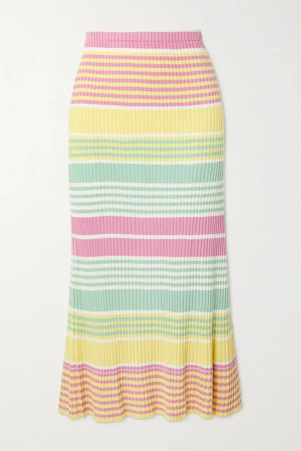 Rixo Kelly Striped Ribbed-knit Midi Skirt