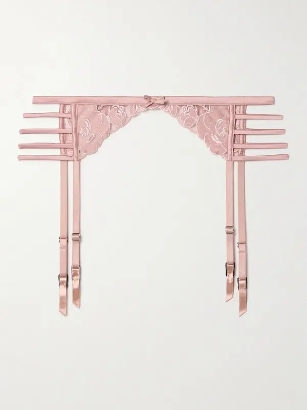 FLEUR DU MAL Rose Embroidered Tulle Suspender Belt - Pink