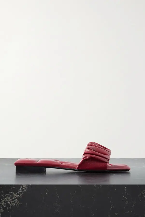 Khaite Crete Ruched Leather Slides - Burgundy