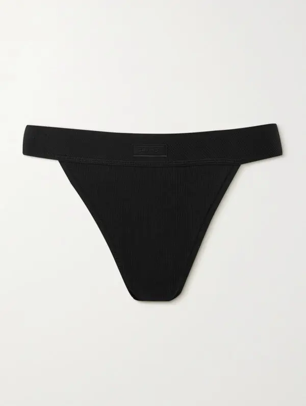 SKIMS Cotton Collection Ribbed Cotton-blend Jersey Thong - Black