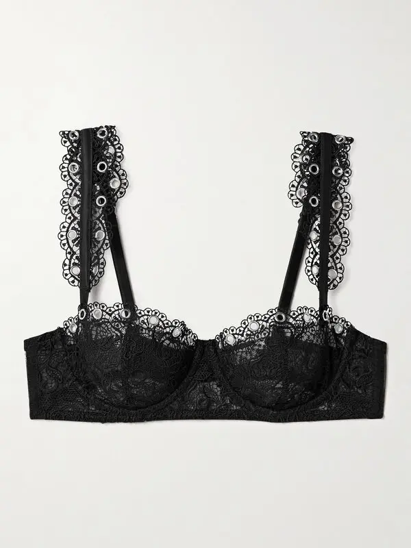 FLEUR DU MAL Embellished Silk-blend Satin-trimmed Corded Lace Underwired Soft-cup Balconette Bra - Black