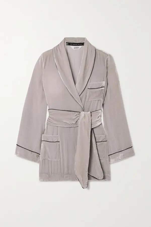 SLEEPING WITH JACQUES Net Sustain Bon Vivant Belted Velvet Robe - Gray