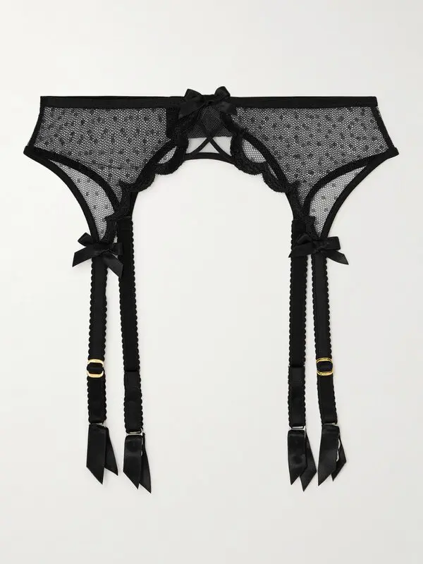 Agent Provocateur Katanah Scalloped Satin-trimmed Swiss-dot Tulle Suspenders - Black