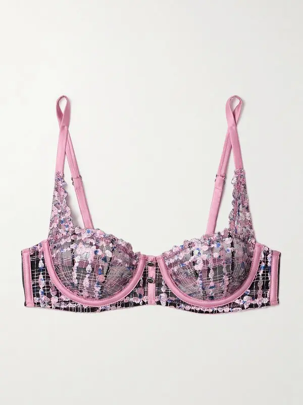 FLEUR DU MAL Gabrielle Silk-blend Satin-trimmed Embroidered Tulle Soft-cup Balconette Bra - Pink