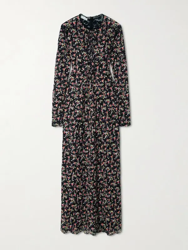 Rabanne Pintucked Embroidered Lace Maxi Dress - Black