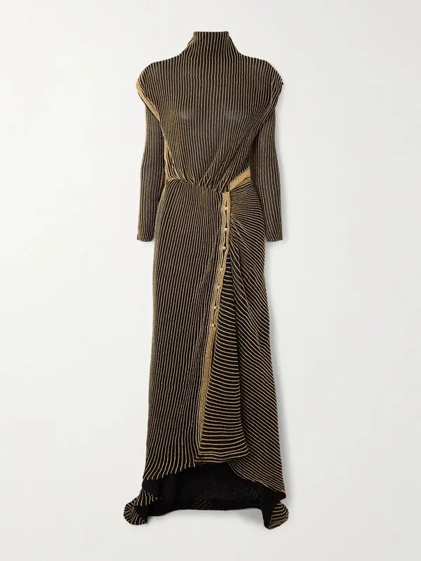 Rabanne Draped Cutout Striped Metallic Ribbed-knit Maxi Dress - Gold