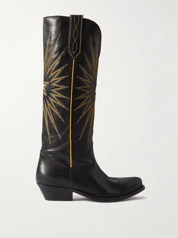 GOLDEN GOOSE Wish Star Embroidered Distressed Leather Cowboy Boots