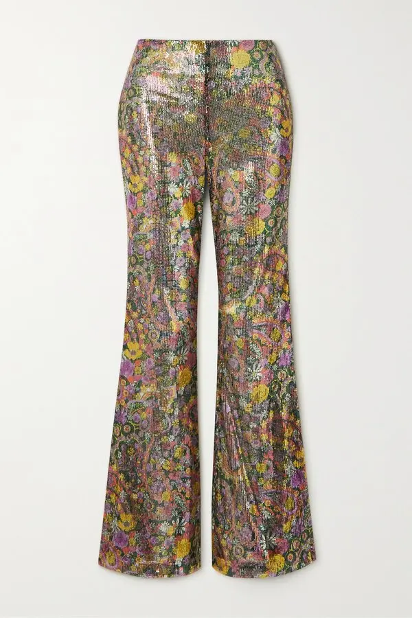 La DoubleJ Disco Floral-print Sequined Tulle Flared Pants