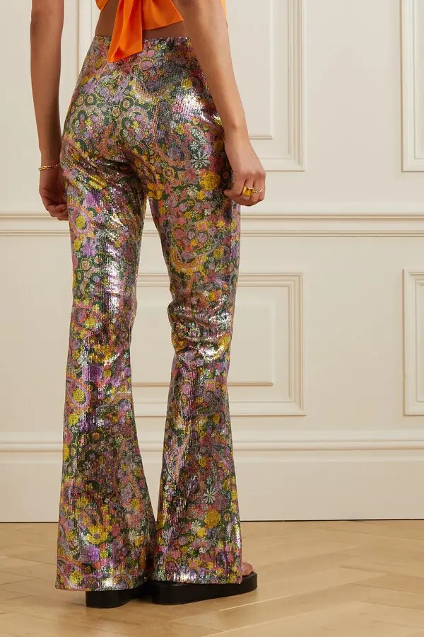 La DoubleJ Disco Floral-print Sequined Tulle Flared Pants