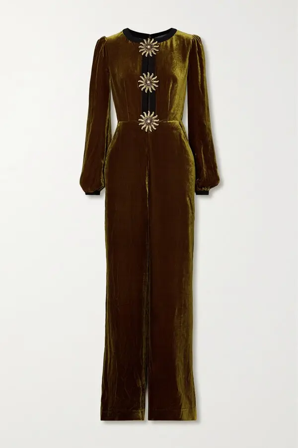 Saloni Camille Embellished Velvet Jumpsuit - Gold