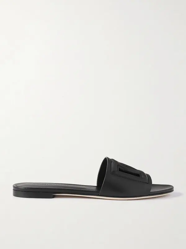 Dolce & Gabbana Bianca Logo-embossed Cutout Leather Slides - Black