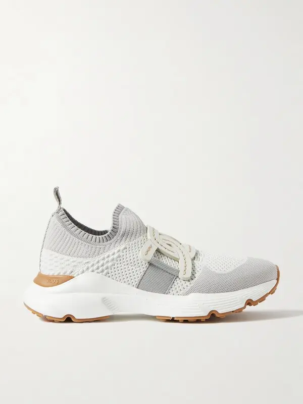 TOD'S Chain-link Embellished Stretch-knit Slip-on Sneakers - Gray