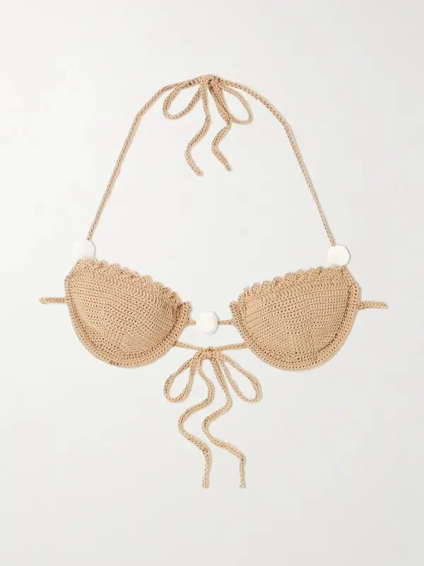 Magda Butrym Faux Pearl-embellished Crocheted Underwired Bikini Top - Brown