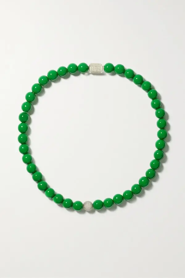 Lauren Rubinski 14-karat White Gold, Enamel And Diamond Necklace - Green