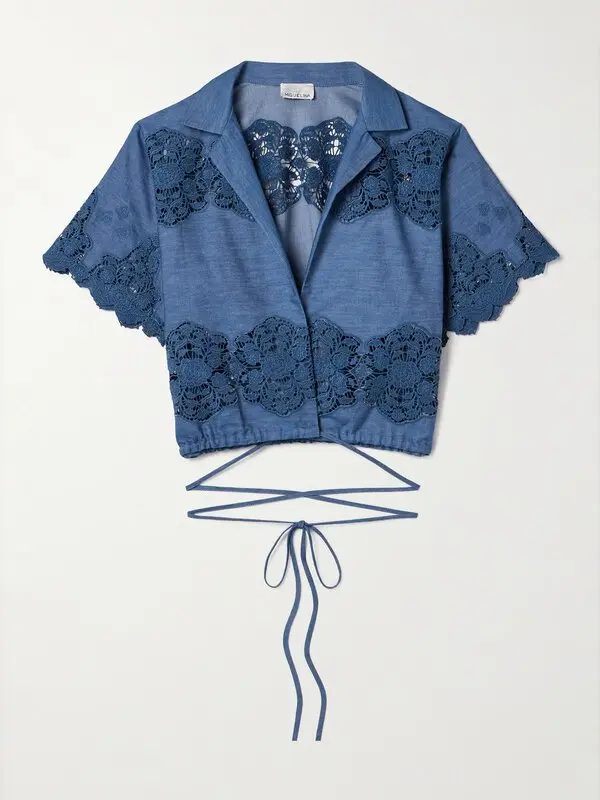Miguelina Brooklyn Guipure Lace-trimmed Cotton-chambray Wrap Top - Blue