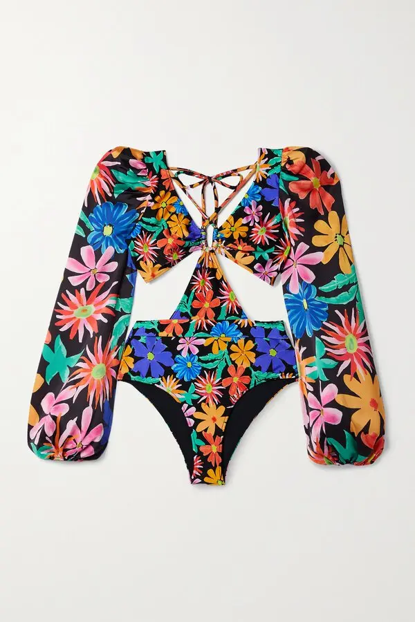 PatBO Aster Floral-print Swimsuit - Black