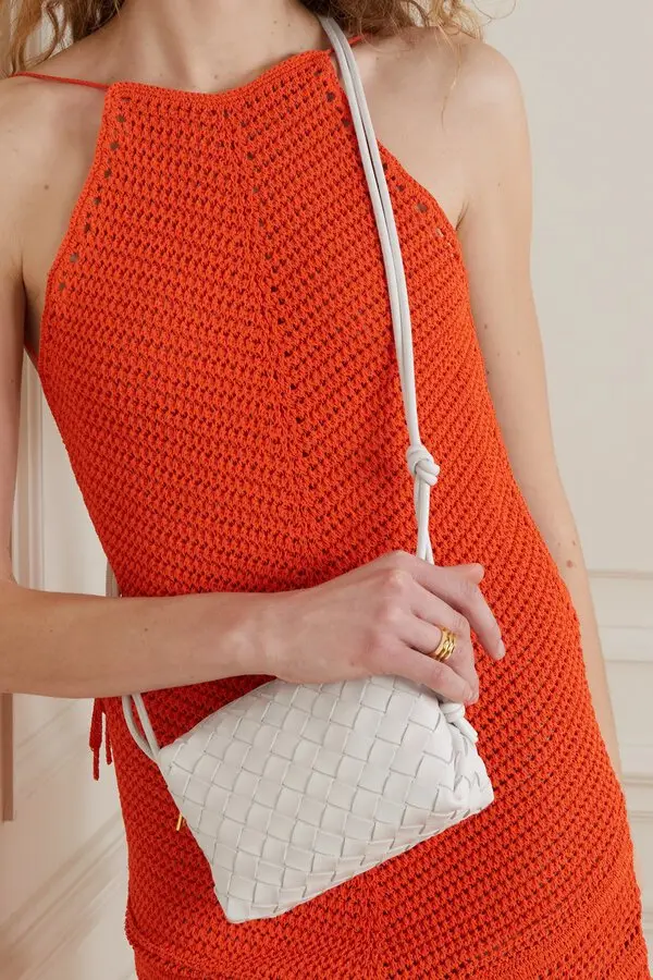Bottega Veneta Loop Mini Intrecciato Leather Shoulder Bag - White