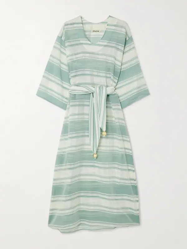 ADMONA Tala Belted Embellished Striped Gauze Coverup - Blue