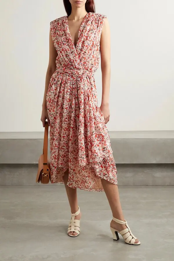 Another Tomorrow Net Sustain Gathered Printed Peace Silk Midi Dress