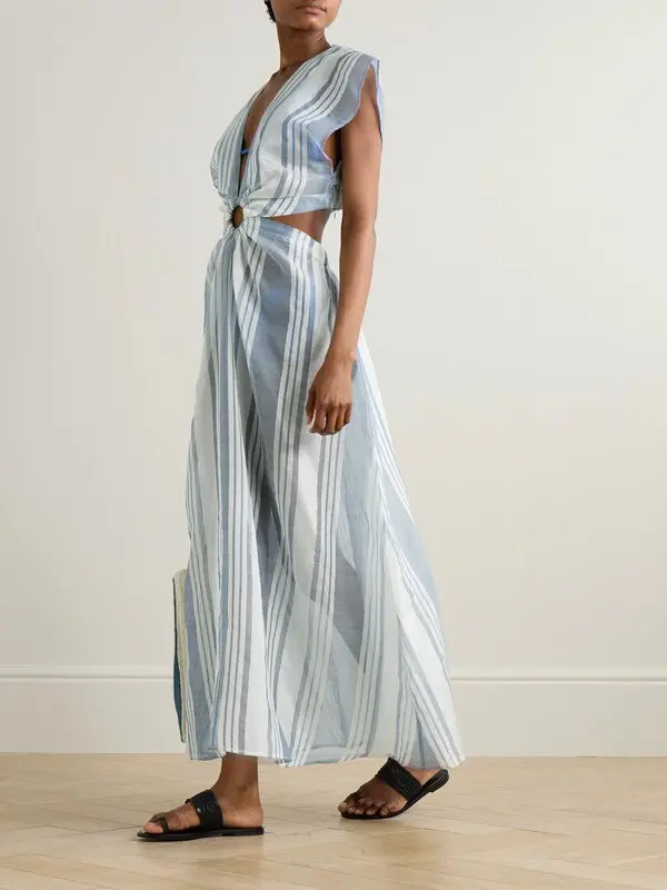 ADMONA Striped Mesh Maxi Dress With Cutouts