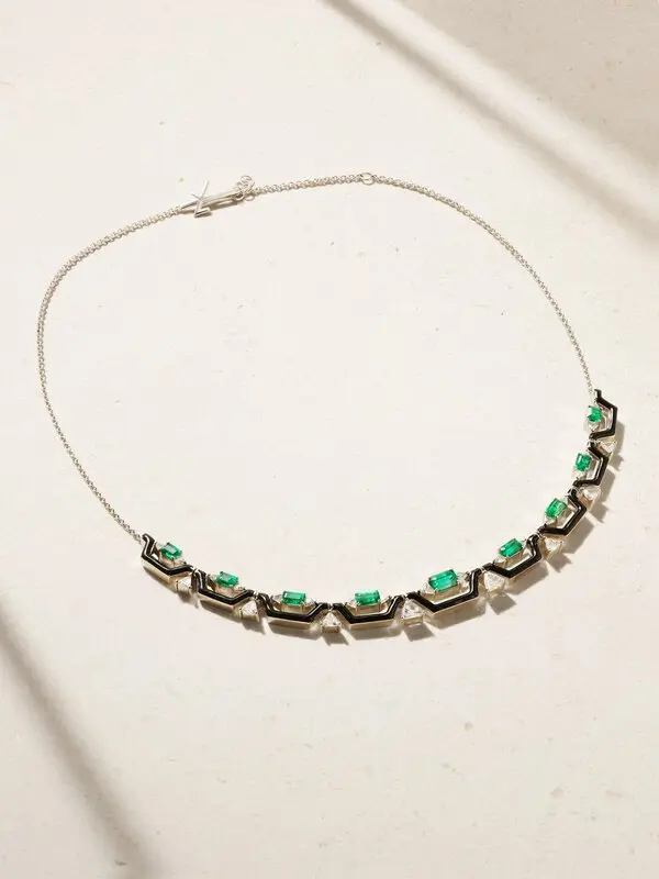 Nikos Koulis Oui 18-karat White Emerald, Diamond And Enamel Necklace - Gold