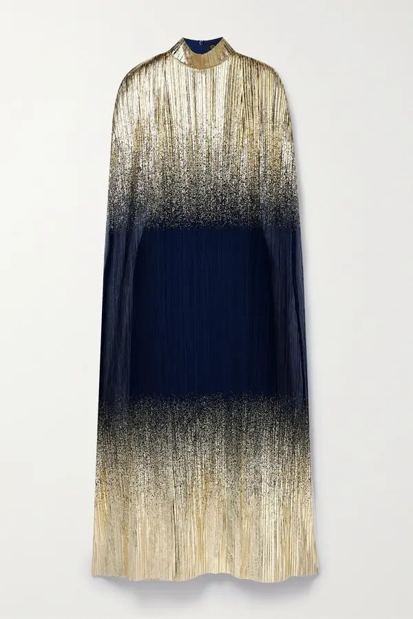 DIMA AYAD Metallic Plissé-tulle Gown And Cape Set - Blue