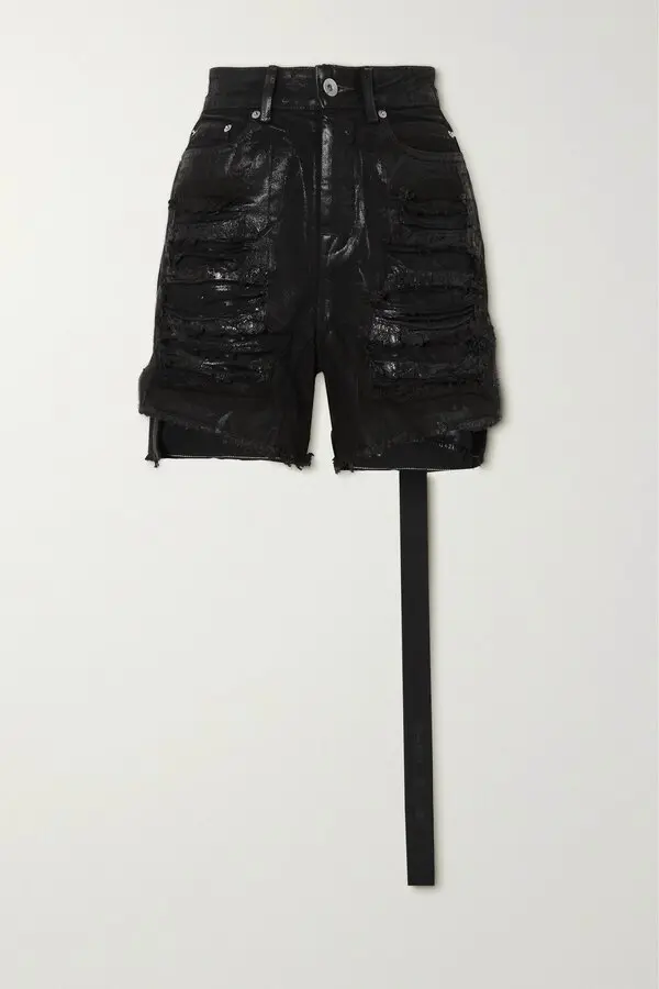 Rick Owens Distressed Metallic Coated-denim Shorts