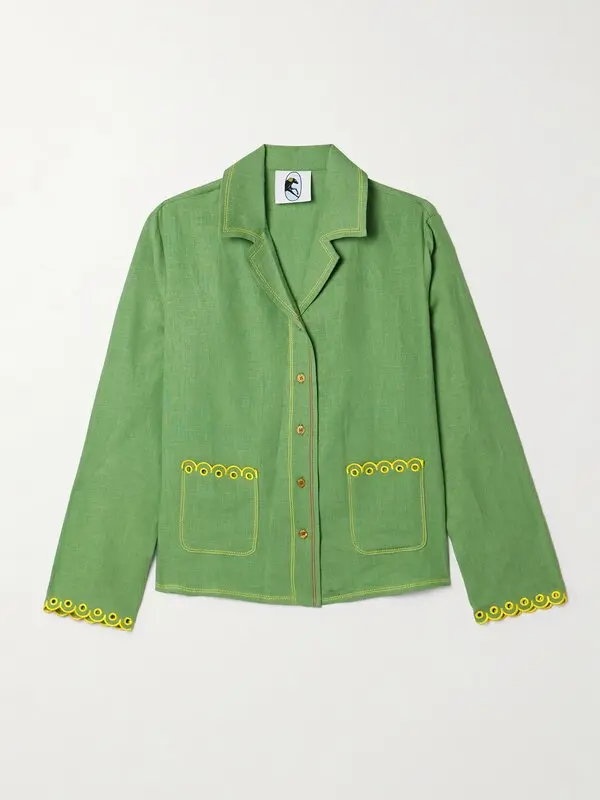 Sleeper Petra Embroidered Linen Pajama Shirt - Green