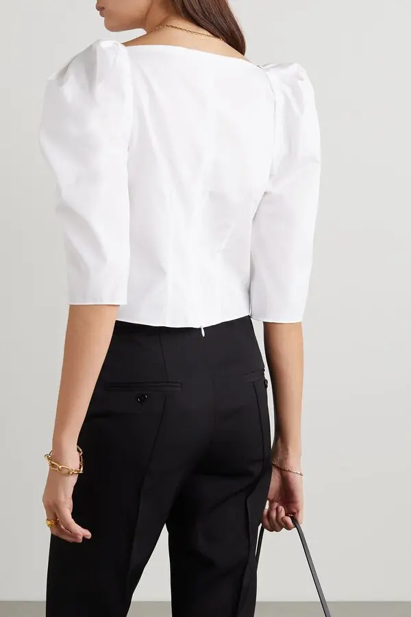 Vince Cropped Puff Sleeve Cotton Poplin Blouse