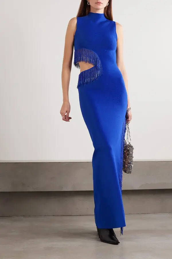 Galvan Nova Beaded Fringed Cutout Jersey Gown - Blue