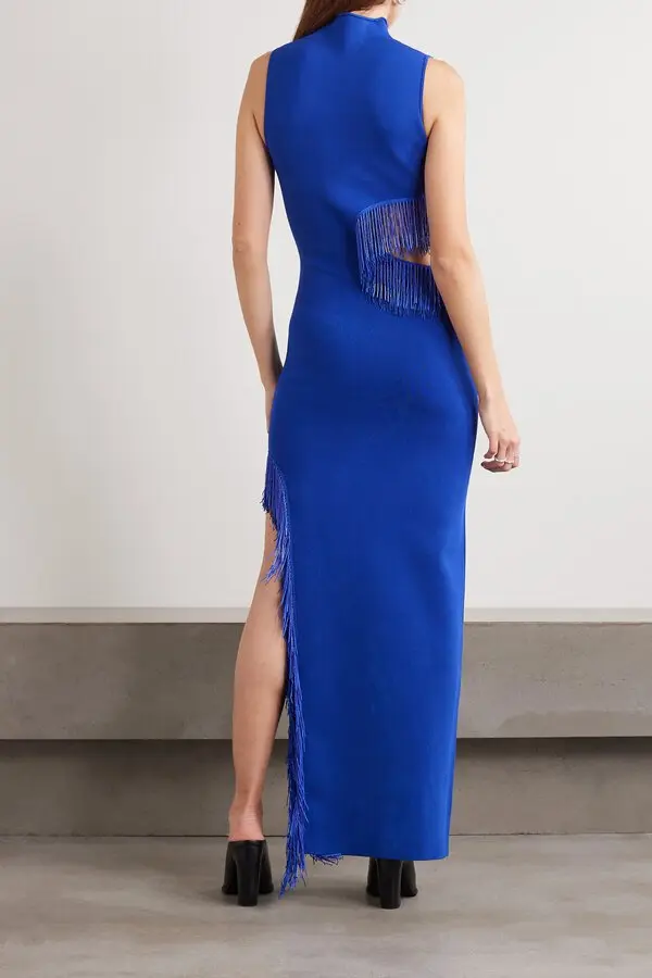Galvan Nova Beaded Fringed Cutout Jersey Gown - Blue
