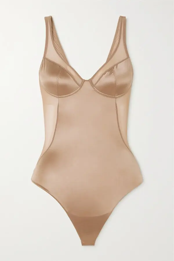 Spanx Shaping Mesh-trimmed Stretch-satin Thong Bodysuit - Neutrals