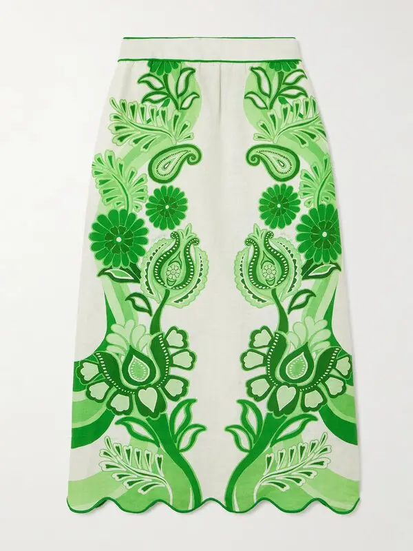Farm Rio Scalloped Printed Linen Midi Skirt - Green