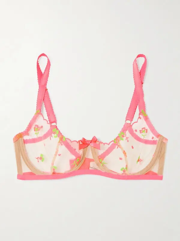 Agent Provocateur Willowe Bow-detail Embroidered Satin-trimmed Tulle Underwired Bra - Pink
