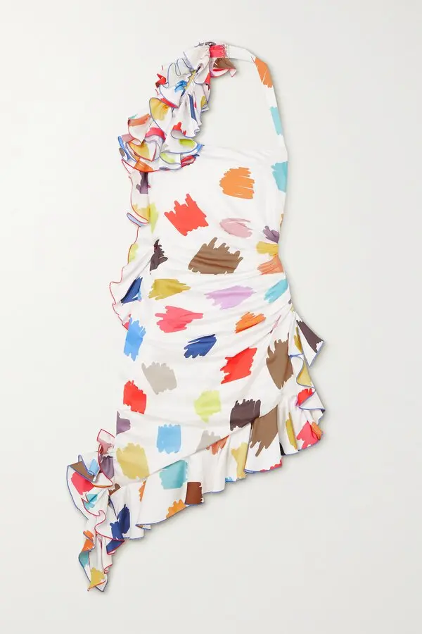 Halpern Asymmetric Ruffled Printed Mini Dress - White