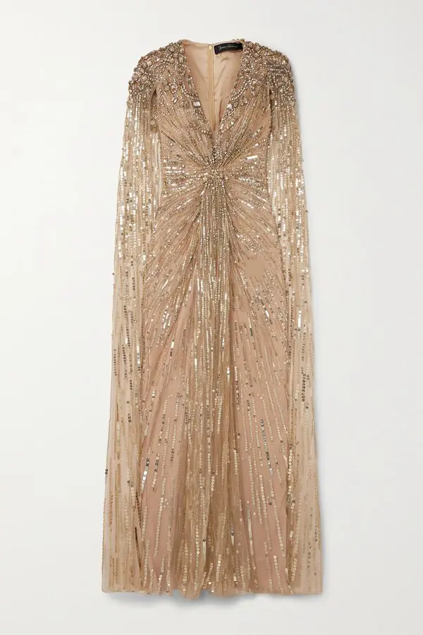 Jenny Packham Lotus Cape-effect Embellished Sequined Tulle Gown - Gold