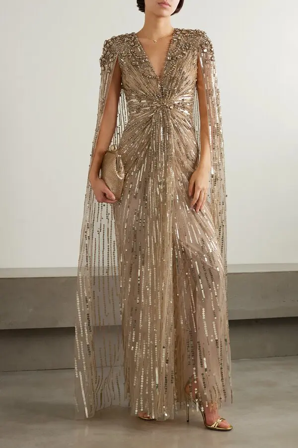 Jenny Packham Lotus Cape-effect Embellished Sequined Tulle Gown